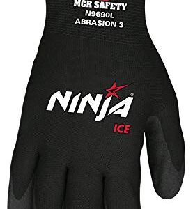 MCR Safety N9690S Ninja Ice 15 Gauge Black Nylon Cold Weather Glove, Acrylic Terry Inner, HPT Palm and Fingertips, Small, 1 Pair