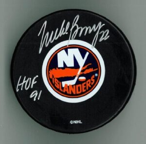 mike bossy autographed islanders puck w/ "hof" #4