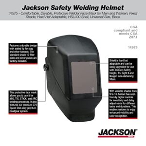 Jackson Safety Welding Helmet, Auto Darkening Hood, Durable Protective Welder Face Mask for Men and Women, Fixed Shade, Hard Hat Adaptable, HSL-100 Shell, Universal Size, Black, 14975