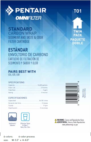 Pentair OMNIFilter TO1 Carbon Water Filter, 10-Inch, Standard Whole House Carbon Wrap Sediment and Taste & Odor Replacement Filter Cartridge, 10" x 2.5", 5 Micron, Pack of 2