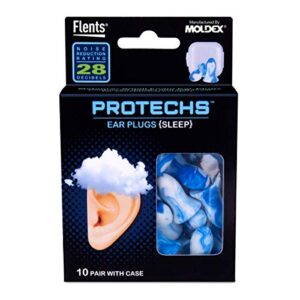 flents protechs reusable ear plugs for sleeping, protection from loud environments, improved sleep, reduces pressure, 10 pairs with case, easy use with comfort fit, nrr 28, blue, made in the usa