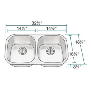 MR Direct 502-16 Stainless Steel Undermount 32-1/4 in. Double Bowl Kitchen Sink, 16 Gauge