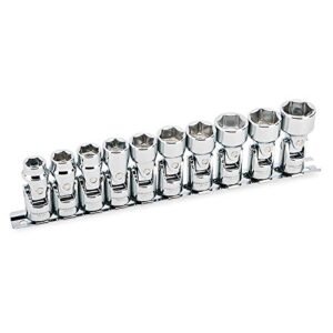 powerbuilt universal socket set, metric 10 piece 3/8 inch drive 6 point, swivel head, 360 degree rotation, 10mm to 19mm, storage rail, 741715