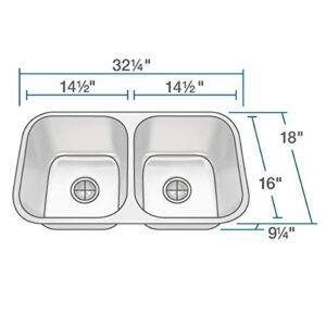 MR Direct 3218a Stainless Steel 3218A-18 Undermount 32-1/4 in. Double Bowl Kitchen Sink, 18 Gauge