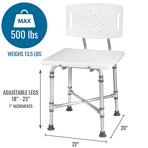 DMI Shower Chair Bath Seat for Tub or Shower Bench for Inside Shower, Made of Aluminum with Plastic Seat, FSA and HSA Eligible, Adjustable Height, Holds Weight Up to 500 Pounds, Bath Chair, White