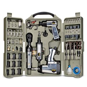 trades pro air tool and accessories kit, 71 piece, impact wrench, air ratchet, die grinder, aire hammer, hose fittings, storage case - 836668