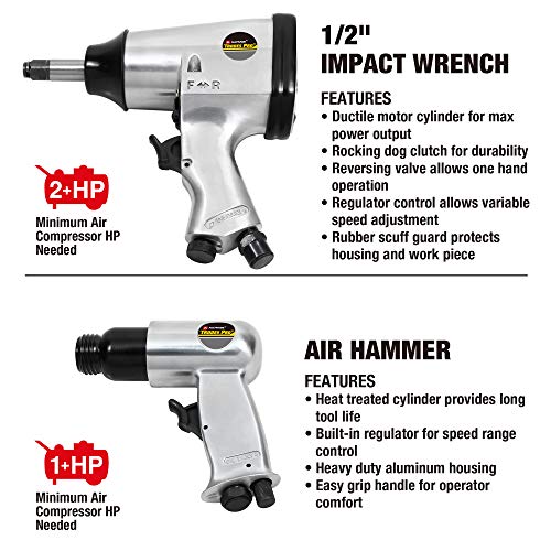 Trades Pro Air Tool and Accessories Kit, 71 Piece, Impact Wrench, Air Ratchet, Die Grinder, Aire Hammer, Hose Fittings, Storage Case - 836668