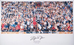 michael jordan autographed chicago bulls "last shot vs. jazz" chuck gillies art print - unframed