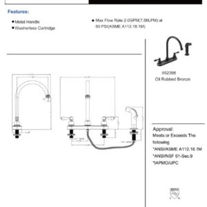 Designers Impressions 652398 Oil Rubbed Bronze Kitchen Faucet w/Sprayer - 8 inch Centers