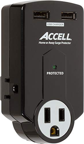 Accell Power Travel Surge Protector - 3 Outlets, 2 USB Charging Ports (2.1A Output), Folding Plug - Black, 612 Joules, ETL Listed