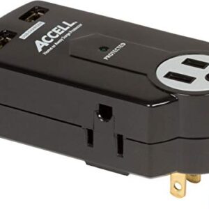 Accell Power Travel Surge Protector - 3 Outlets, 2 USB Charging Ports (2.1A Output), Folding Plug - Black, 612 Joules, ETL Listed