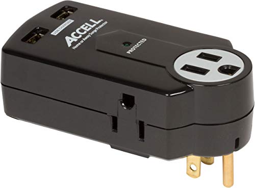 Accell Power Travel Surge Protector - 3 Outlets, 2 USB Charging Ports (2.1A Output), Folding Plug - Black, 612 Joules, ETL Listed