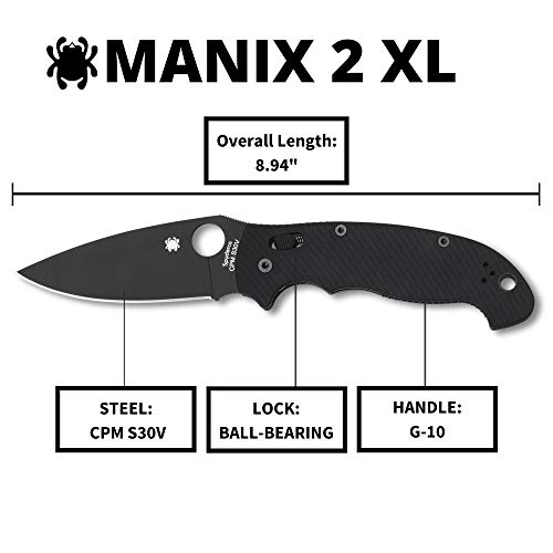 Spyderco Manix 2 XL Signature Folding Utility Pocket Knife with 3.85" CPM S30V Black Steel Blade and Durable Black G-10 Handle - PlainEdge - C95GPBBK2