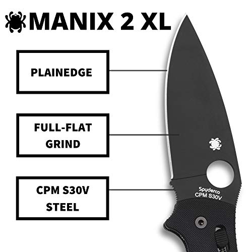 Spyderco Manix 2 XL Signature Folding Utility Pocket Knife with 3.85" CPM S30V Black Steel Blade and Durable Black G-10 Handle - PlainEdge - C95GPBBK2