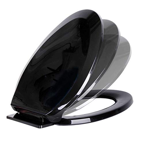 Renovators Supply Manufacturing Black Plastic Soft Close Elongated Toilet Seat Quiet-Close Lid, Contoured Seat Easy to Install and Clean, Grip-Tight Bumpers with Adjustable Mounting Hardware