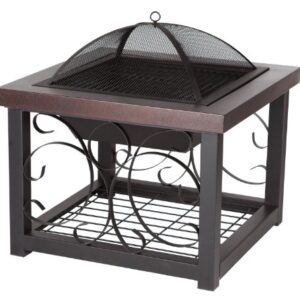 Fire Sense 61331 Fire Pit Cocktail Square Table Wood Burning Steel Mesh Spark Screen Wood Grate Screen Lift Steel Firepit with Log Storage Rack - Hammer Tone Bronze Finish