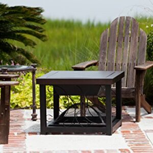 Fire Sense 61331 Fire Pit Cocktail Square Table Wood Burning Steel Mesh Spark Screen Wood Grate Screen Lift Steel Firepit with Log Storage Rack - Hammer Tone Bronze Finish