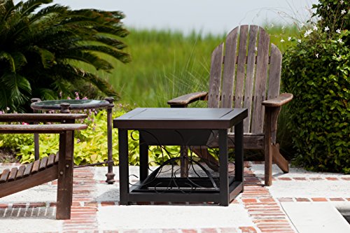 Fire Sense 61331 Fire Pit Cocktail Square Table Wood Burning Steel Mesh Spark Screen Wood Grate Screen Lift Steel Firepit with Log Storage Rack - Hammer Tone Bronze Finish