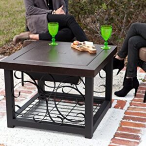 Fire Sense 61331 Fire Pit Cocktail Square Table Wood Burning Steel Mesh Spark Screen Wood Grate Screen Lift Steel Firepit with Log Storage Rack - Hammer Tone Bronze Finish