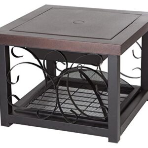 Fire Sense 61331 Fire Pit Cocktail Square Table Wood Burning Steel Mesh Spark Screen Wood Grate Screen Lift Steel Firepit with Log Storage Rack - Hammer Tone Bronze Finish