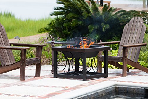 Fire Sense 61331 Fire Pit Cocktail Square Table Wood Burning Steel Mesh Spark Screen Wood Grate Screen Lift Steel Firepit with Log Storage Rack - Hammer Tone Bronze Finish