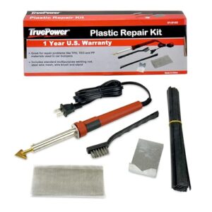 plastic welding kit with plastic welder, rods, reinforcing mesh, hot iron stand, wire brush, 80 watt, 120v - for diy, arts and crafts, car bumper, dashboard, kayak, canoe, professional surface repair