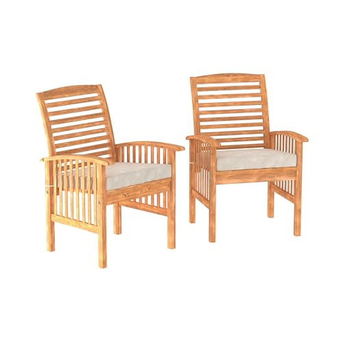 Walker Edison Rendezvous Modern 2 Piece Solid Acacia Wood Slat Back Outdoor Dining Chairs, Set of 2, Brown