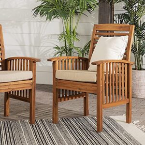 Walker Edison Rendezvous Modern 2 Piece Solid Acacia Wood Slat Back Outdoor Dining Chairs, Set of 2, Brown