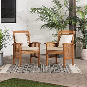 Walker Edison Rendezvous Modern 2 Piece Solid Acacia Wood Slat Back Outdoor Dining Chairs, Set of 2, Brown