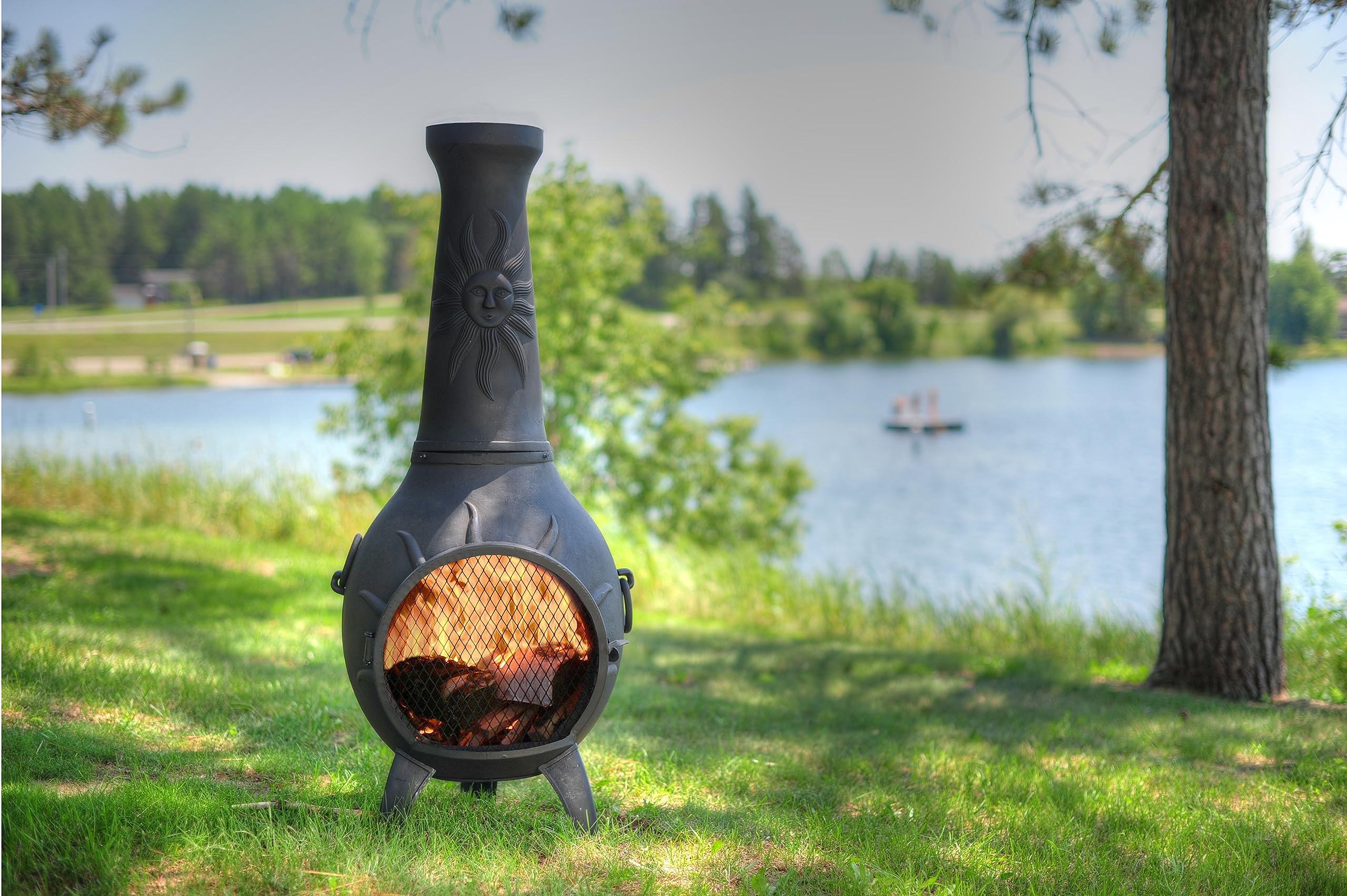 The Blue Rooster Sun Stack Chiminea Outdoor Fireplace - Wood Burning Cast Aluminum Deck or Patio Firepit