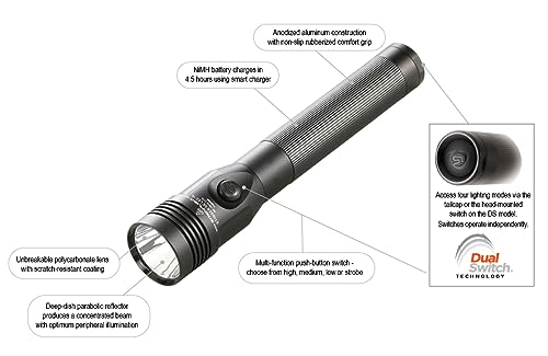 Streamlight 75458 Stinger DS LED HL 800-Lumen Rechargeable Dual Switch Flashlight with 120-Volt AC/12-Volt DC Smart Charge Piggyback Charger (NiMH), Black