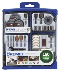 dremel rotary tool accessory kit- 710-08- 160- ez lock technology- 1/8 inch shank- cutting bits, polishing wheel and compound, sanding disc and drum, carving, sharpening, and engraving