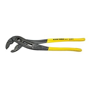 klein tools d504-10 pump pliers, unique curved jaw, maximum torque, hardened teeth, adjustable wide jaw, ideal for plumbing, nail holding