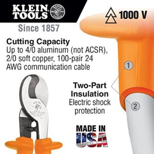 Klein Tools 63050-INS Cable Cutter, Insulated Cable Cutter w/One-Hand Shearing for Aluminum, Soft Copper, Communications Cable,Orange