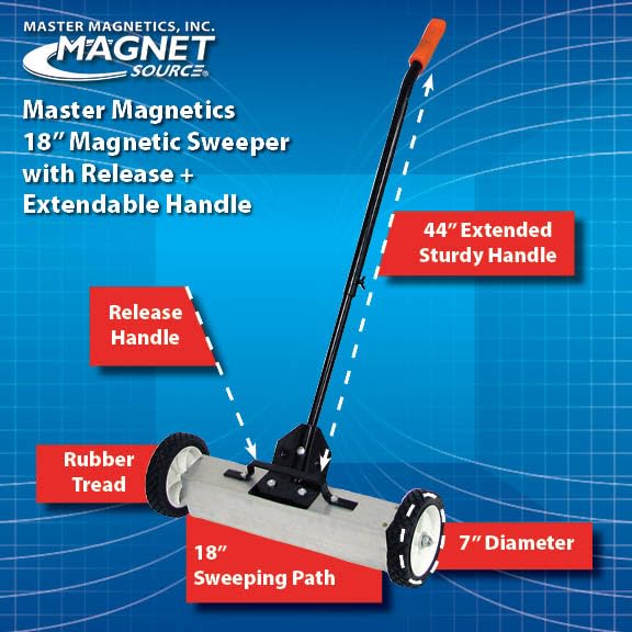 Master Magnetics Magnetic Floor Sweeper with Release - 18” Sweeping Width, Adjustable Sweeping Height, Adjustable Handle, 07543