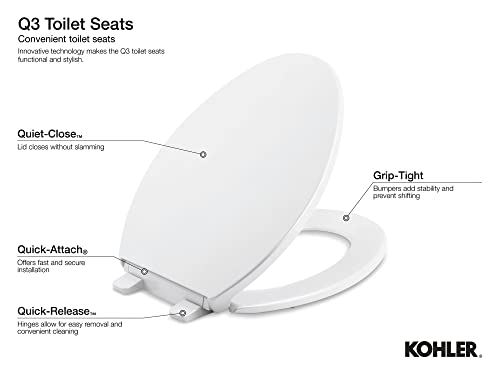 KOHLER 4008-0 Reveal Elongated, Grip-Tight Bumpers, Quiet-Close Release Hinges, Quick-Attach Hardware, No Slam Toilet Seat, White