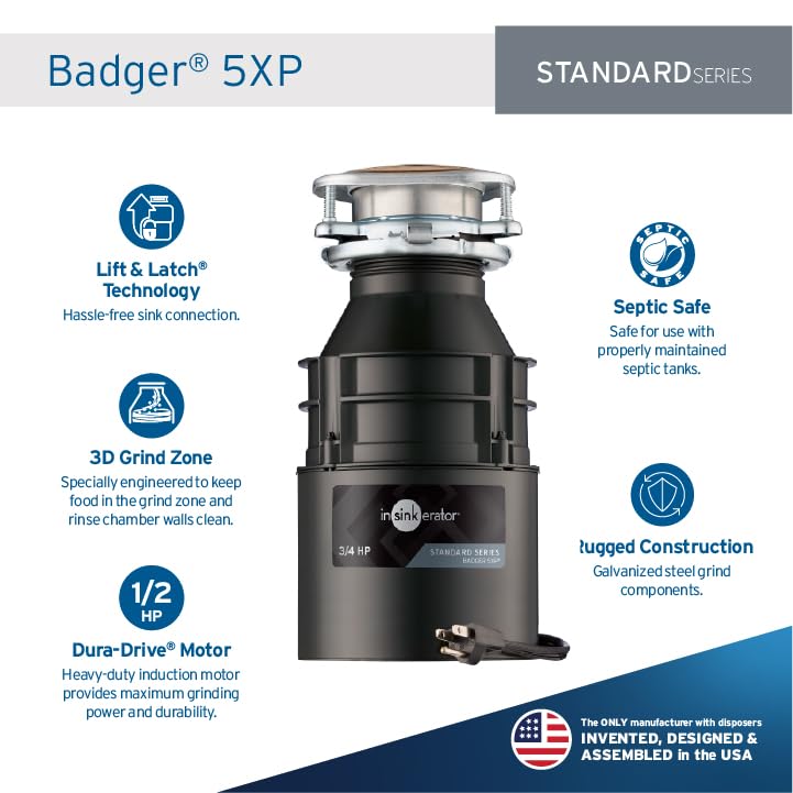 InSinkErator Badger 5XP Garbage Disposal with Power Cord, Standard Series 3/4 HP Continuous Feed Food Waste Disposer, Badger 5XP W/C