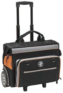 klein tools 55452rtb tool bag, water resistant tool storage organizer rolls on rugged 6-inch wheels, 24 pockets, load tested to 200-pound