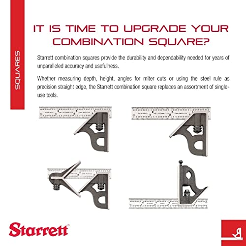 Starrett Steel Combination Square with Square Head - 12" Blade Length, Cast Iron Head, Hardened Steel, Reversible Lock Bolt, Scriber, 4R Graduation Type - C11H-12-4R