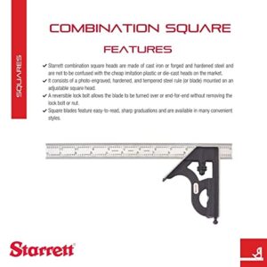 Starrett Steel Combination Square with Square Head - 12" Blade Length, Cast Iron Head, Hardened Steel, Reversible Lock Bolt, Scriber, 4R Graduation Type - C11H-12-4R