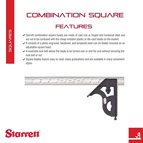 Starrett Steel Combination Square with Square Head - 12" Blade Length, Cast Iron Head, Hardened Steel, Reversible Lock Bolt, Scriber, 4R Graduation Type - C11H-12-4R