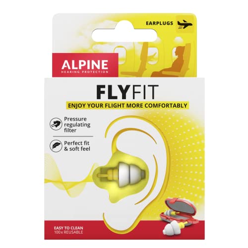 Alpine FlyFit - Earplugs for Pressure Relief & Preventing Ear Pain While Flying - Airplane Travel Essentials - Comfortable Reusable Hypoallergenic Earplugs with Ultra Soft Filter