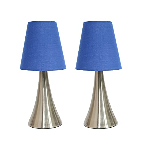 Simple Designs LT2014-BLU-2PK 12" Valencia 2 Pack Contemporary 4 Settings Touch Metal Mini Tapered Table Lamp Set with Fabric Shades for Home Décor, Nightstand, End Table, Bedroom, Living Room, Office, Foyer, Brushed Nickel and Blue