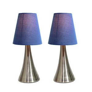 Simple Designs LT2014-BLU-2PK 12" Valencia 2 Pack Contemporary 4 Settings Touch Metal Mini Tapered Table Lamp Set with Fabric Shades for Home Décor, Nightstand, End Table, Bedroom, Living Room, Office, Foyer, Brushed Nickel and Blue