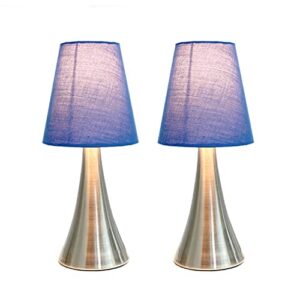 Simple Designs LT2014-BLU-2PK 12" Valencia 2 Pack Contemporary 4 Settings Touch Metal Mini Tapered Table Lamp Set with Fabric Shades for Home Décor, Nightstand, End Table, Bedroom, Living Room, Office, Foyer, Brushed Nickel and Blue