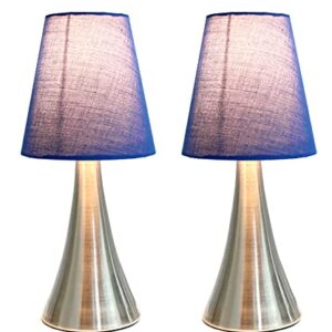 Simple Designs LT2014-BLU-2PK 12" Valencia 2 Pack Contemporary 4 Settings Touch Metal Mini Tapered Table Lamp Set with Fabric Shades for Home Décor, Nightstand, End Table, Bedroom, Living Room, Office, Foyer, Brushed Nickel and Blue