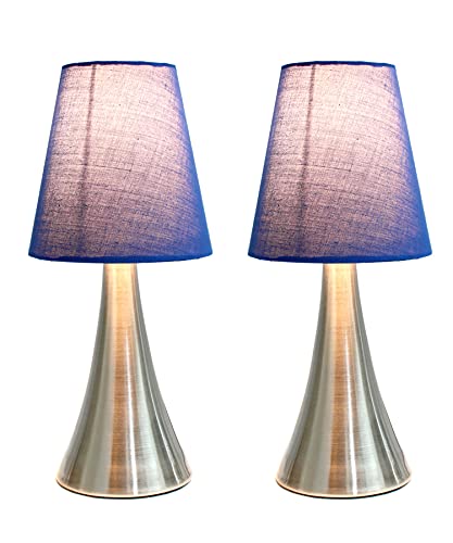 Simple Designs LT2014-BLU-2PK 12" Valencia 2 Pack Contemporary 4 Settings Touch Metal Mini Tapered Table Lamp Set with Fabric Shades for Home Décor, Nightstand, End Table, Bedroom, Living Room, Office, Foyer, Brushed Nickel and Blue