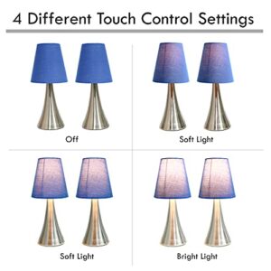 Simple Designs LT2014-BLU-2PK 12" Valencia 2 Pack Contemporary 4 Settings Touch Metal Mini Tapered Table Lamp Set with Fabric Shades for Home Décor, Nightstand, End Table, Bedroom, Living Room, Office, Foyer, Brushed Nickel and Blue