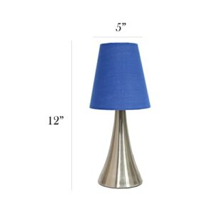 Simple Designs LT2014-BLU-2PK 12" Valencia 2 Pack Contemporary 4 Settings Touch Metal Mini Tapered Table Lamp Set with Fabric Shades for Home Décor, Nightstand, End Table, Bedroom, Living Room, Office, Foyer, Brushed Nickel and Blue