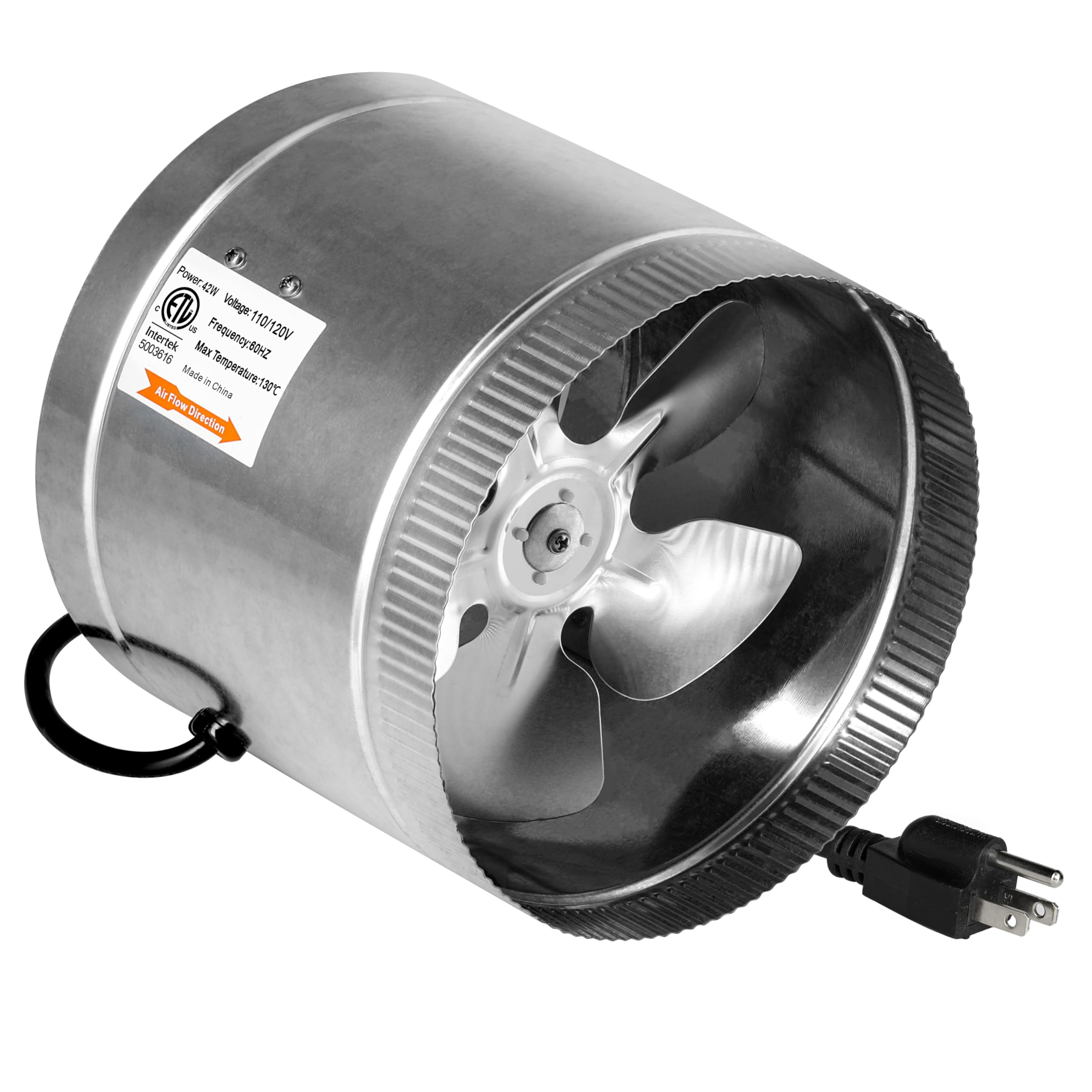 iPower 8 Inch 420 CFM Booster Fan Inline Duct Vent Blower for HVAC Exhaust and Intake 5.5' Grounded Power Cord, Low Noise